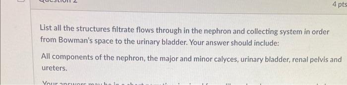 Solved 0 4 pts List all the structures filtrate flows | Chegg.com