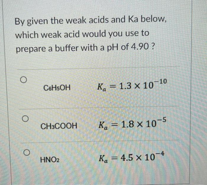 Solved By given the weak acids and Ka below, which weak acid | Chegg.com