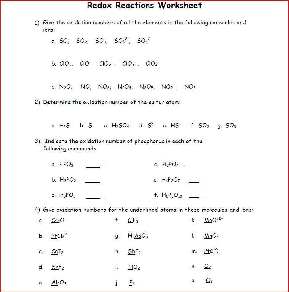 Solved Redox Reactions WorksheetGive the oxidation numbers | Chegg.com