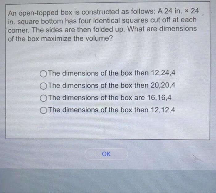 Solved An open-topped box is constructed as follows: A 24 | Chegg.com