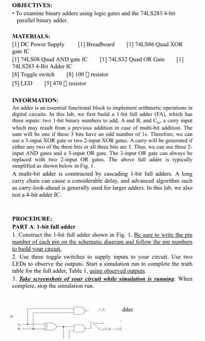Solved PROCEDURE: PART A: 1-bit full adder 1. Construct the | Chegg.com