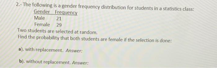 Solved 2.- The following is a gender frequency distribution | Chegg.com