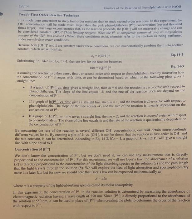 Solved Lab 14 Kinetics of the Reaction of Phenolphthalein | Chegg.com