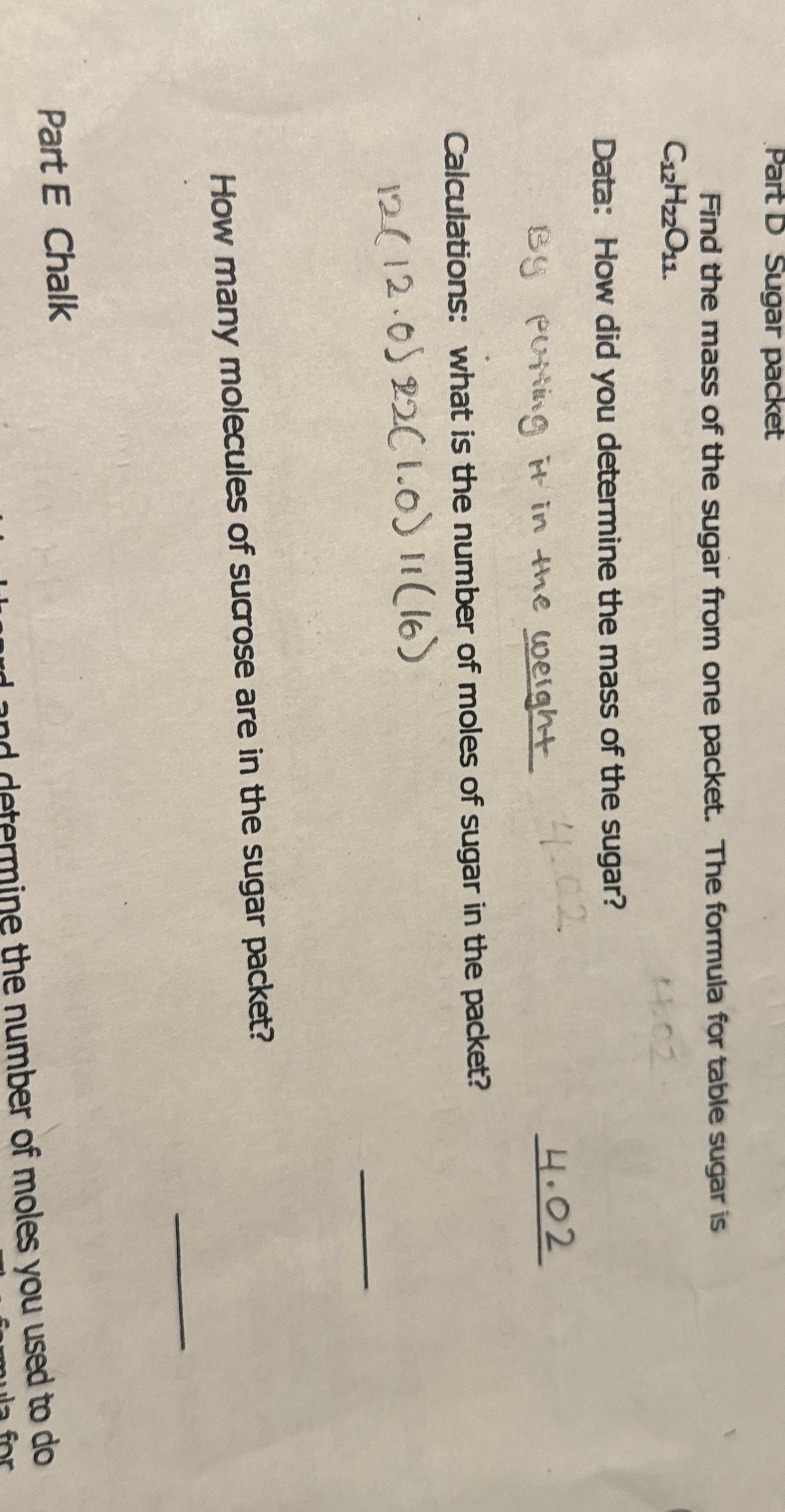 Solved Part D Sugar packetFind the mass of the sugar from | Chegg.com