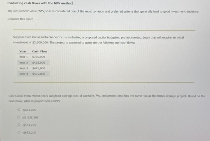 Solved Evaluating cash flows with the NPV method. The net | Chegg.com