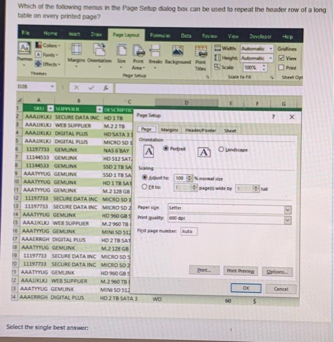 Solved Which of the following menus in the Page Setup dialog | Chegg.com