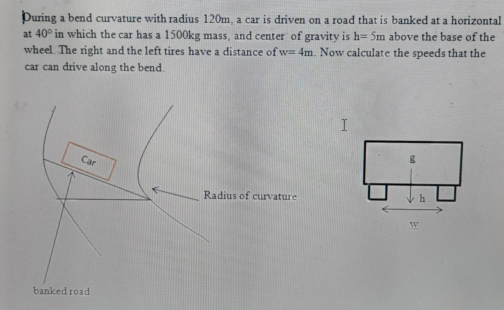 Solved During a bend curvature with radius 120 m, a car is | Chegg.com