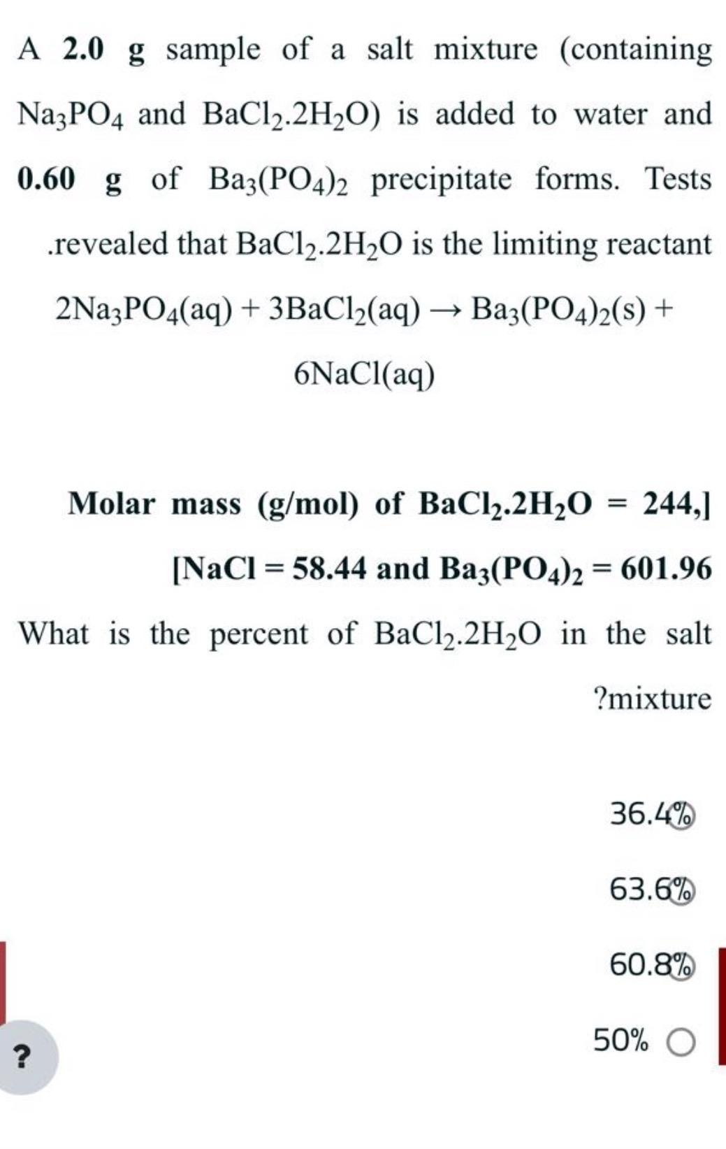Solved A 2.0g ﻿sample of a salt mixture (containing Na3PO4 | Chegg.com