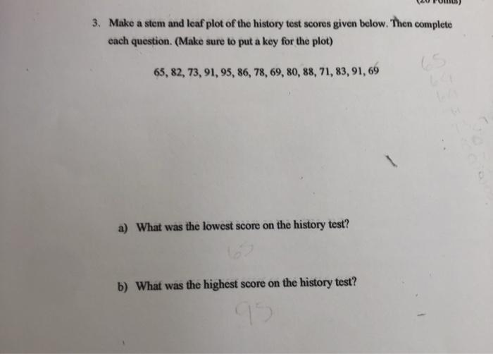 Solved 3. Make a stem and leaf plot of the history test | Chegg.com