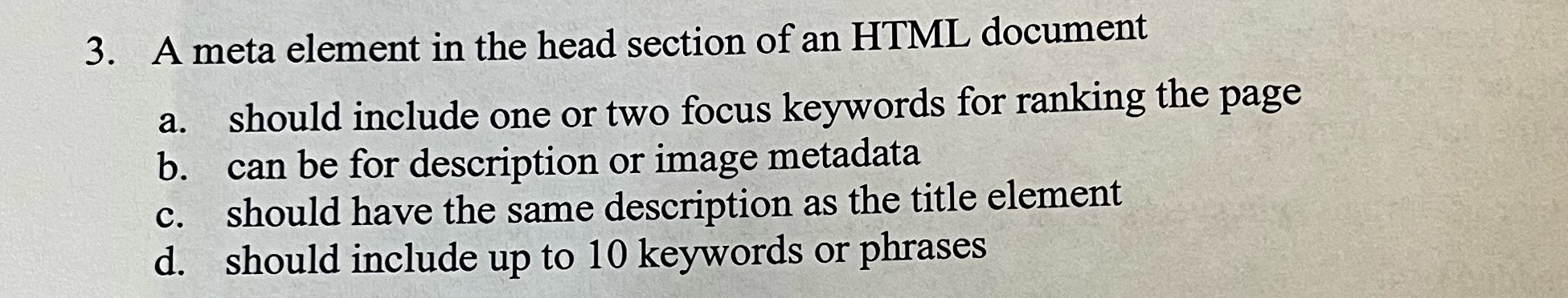 Solved A meta element in the head section of an HTML | Chegg.com