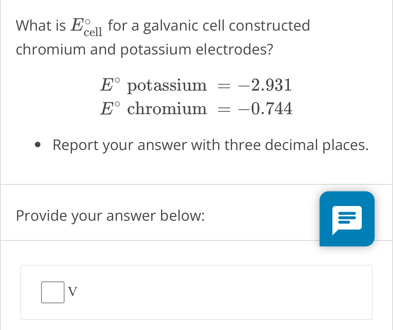 Solved What is Ecell ° ﻿for a galvanic cell constructed | Chegg.com