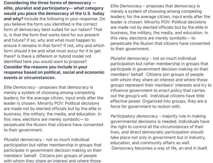 Solved Considering the three forms of democracy -- elite, | Chegg.com
