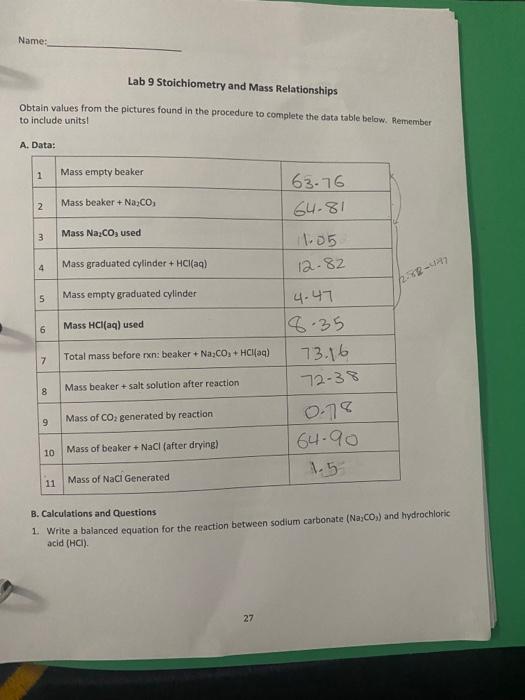 Name: Lab 9 Stoichiometry and Mass Relationships | Chegg.com