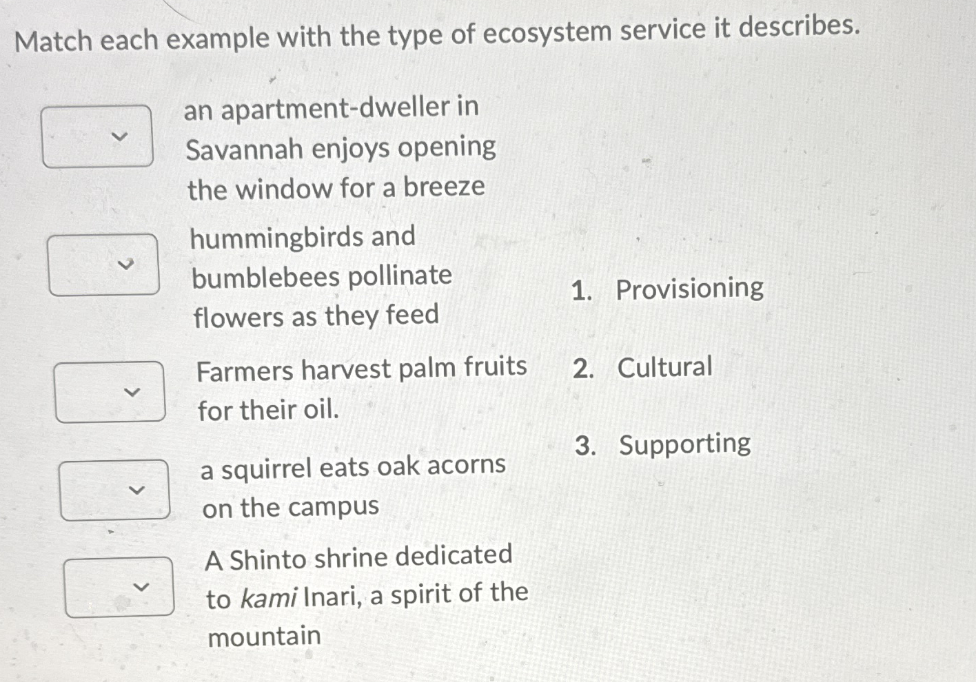 Solved Match each example with the type of ecosystem service | Chegg.com
