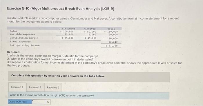 Solved Exercise 5-10 (Algo) Multiproduct Break-Even Analysis | Chegg.com