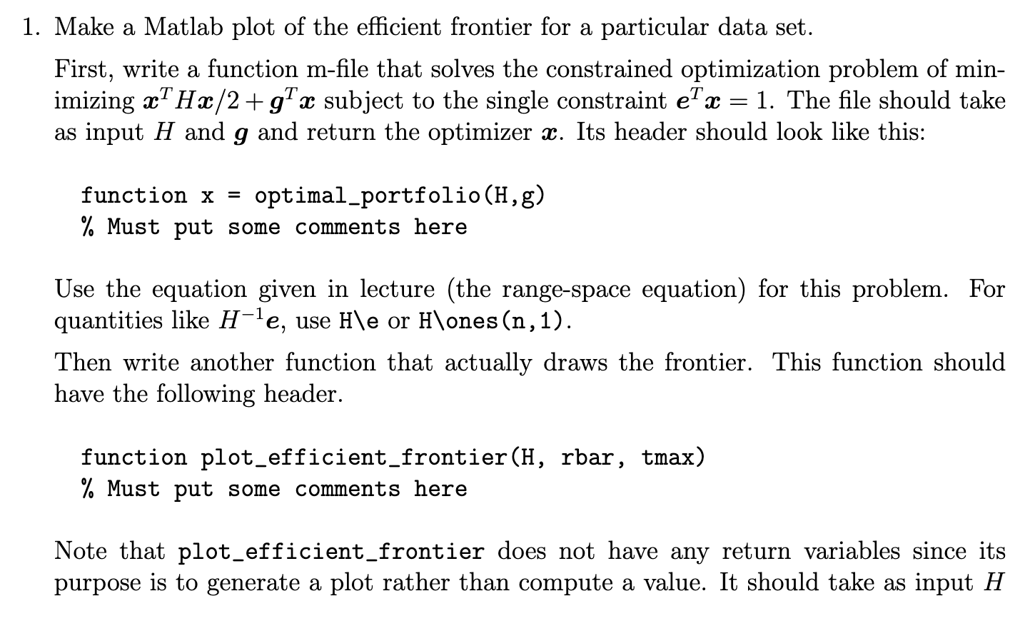 Solved 1. ﻿Make a Matlab plot of ﻿the efficient frontier for | Chegg.com