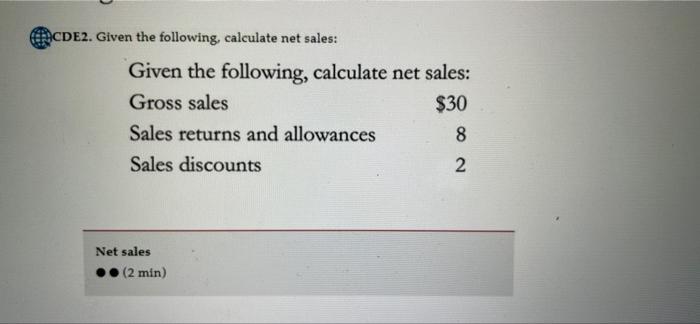 Solved CDE2. Given the following, calculate net sales: Given | Chegg.com