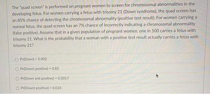 Solved The "quad screen" is performed on pregnant women to | Chegg.com