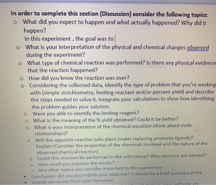 In order to complete this section (Discussion) | Chegg.com