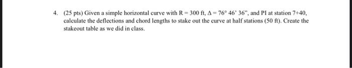 Solved 4. (25 pts) Given a simple horizontal curve with | Chegg.com
