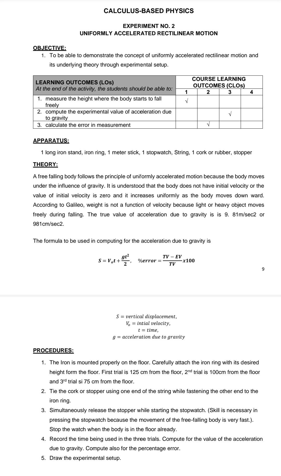 Solved CALCULUS-BASED PHYSICS EXPERIMENT NO. 2 UNIFORMLY | Chegg.com