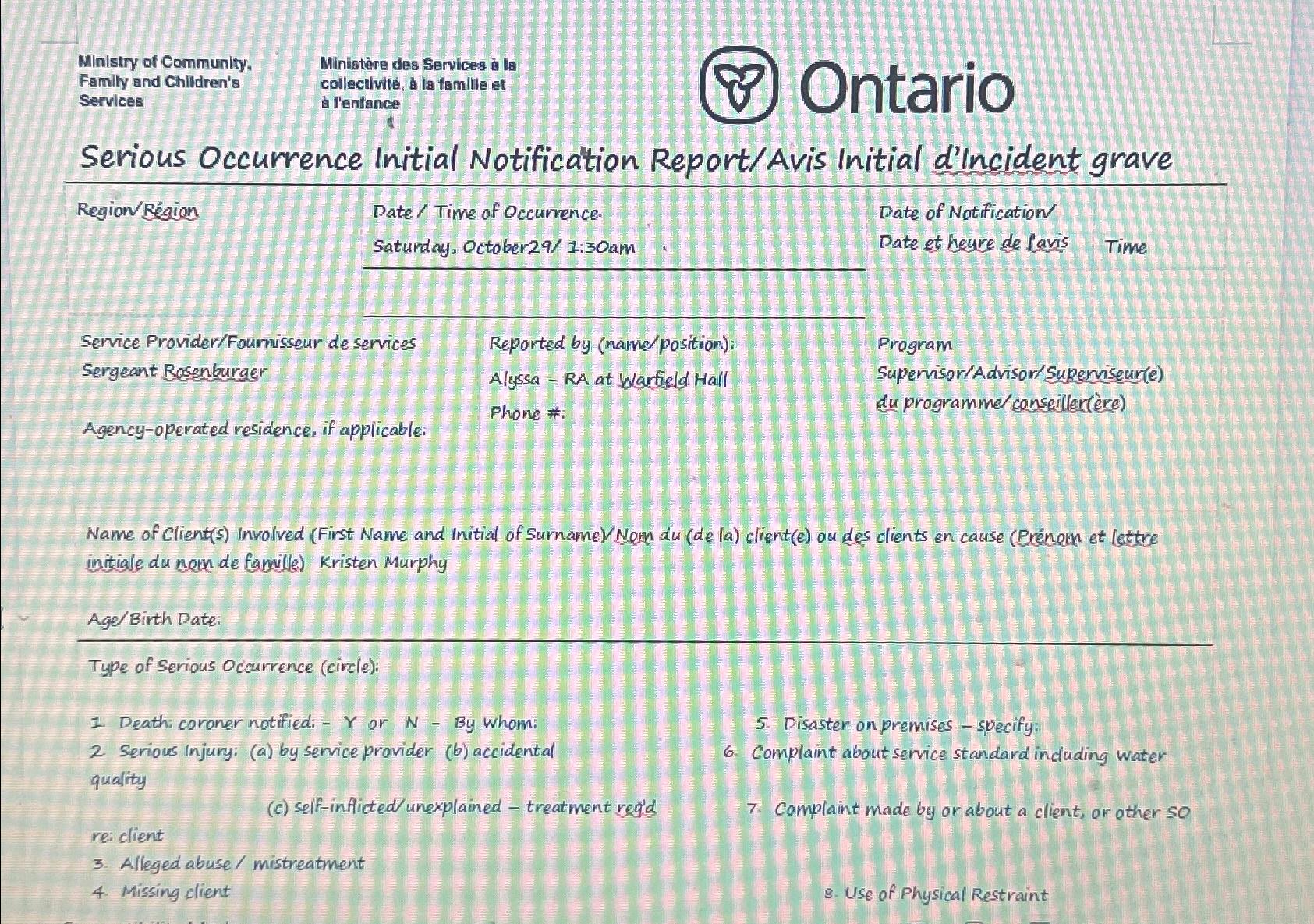 Solved Serious occurrence initial notifiaction report the | Chegg.com