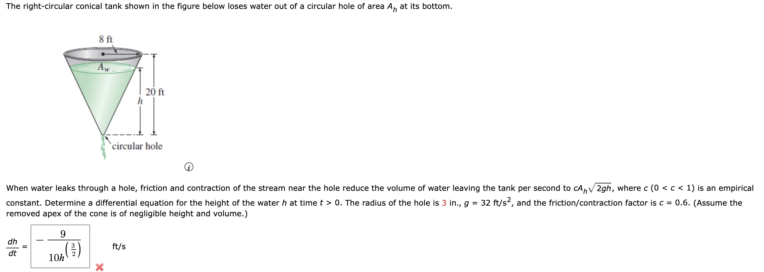 Solved The right-circular conical tank shown in the figure | Chegg.com
