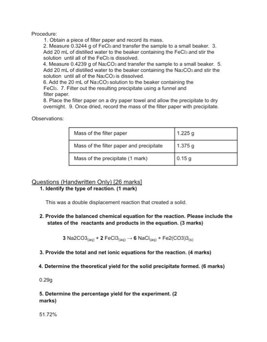 Solved Procedure: 1. Obtain a piece of filter paper and | Chegg.com