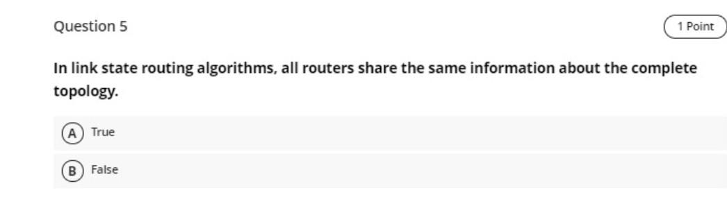 Solved Question 5 1 Point In link state routing algorithms, | Chegg.com