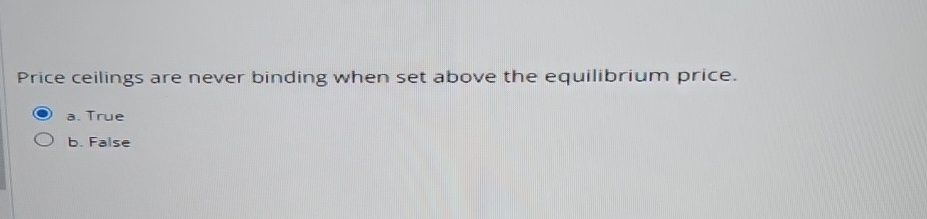 Solved Price ceilings are never binding when set above the | Chegg.com