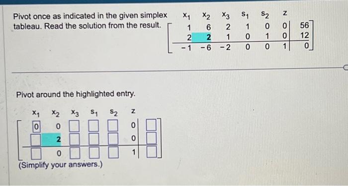 Solved Pivot once as indicated in the given simplex tableau. | Chegg.com