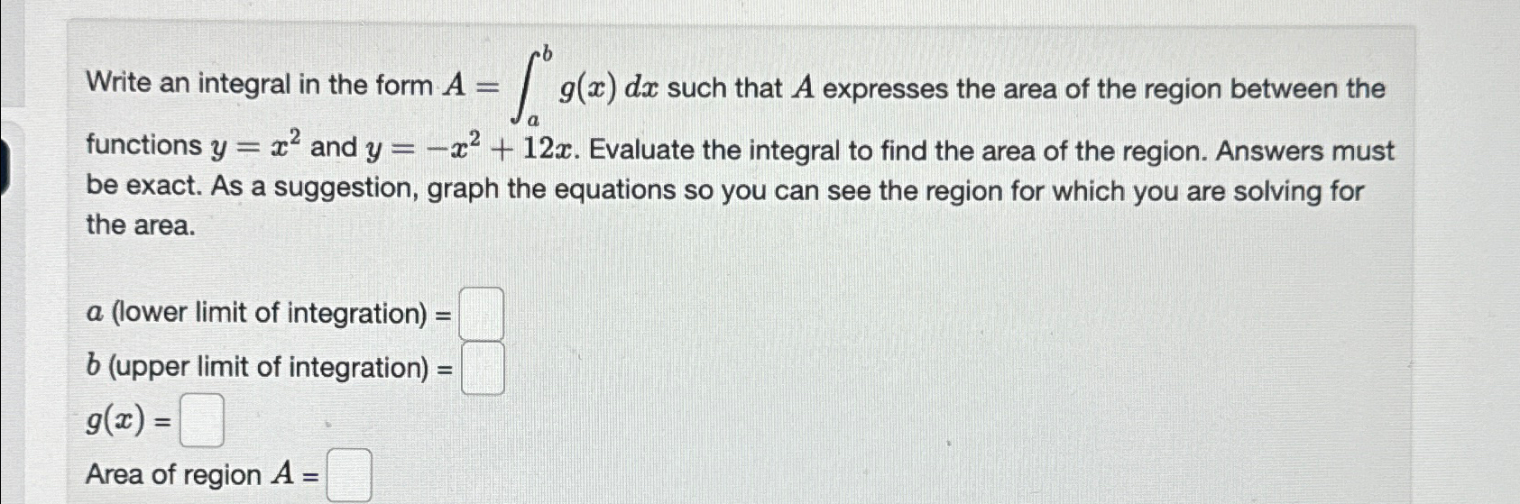 Solved Write an integral in the form A=∫abg(x)dx ﻿such that | Chegg.com