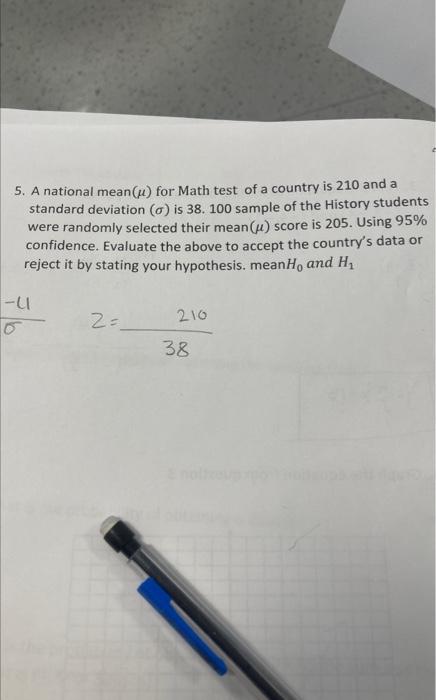 Solved 5. A national mean (μ) for Math test of a country is | Chegg.com