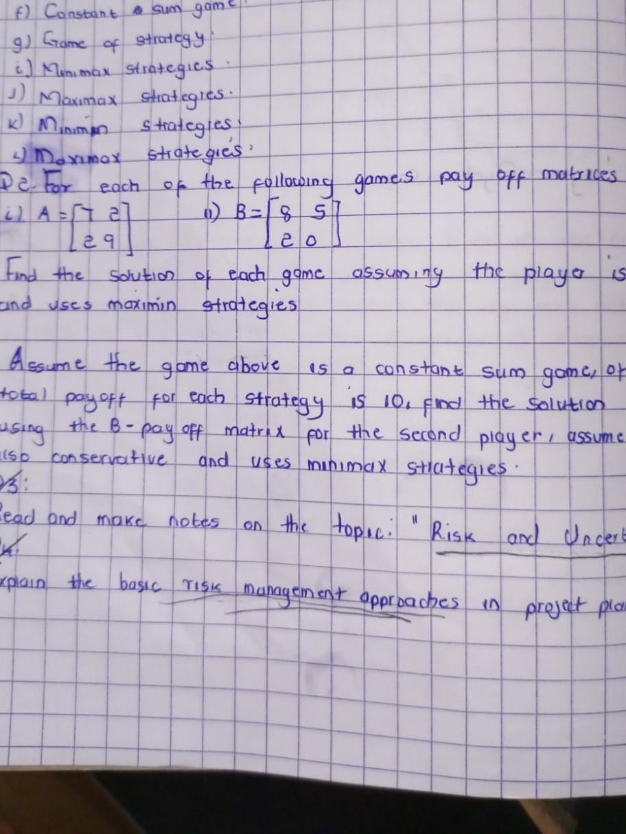 of Strategy f) Constant sum game 9) Game i Minimax | Chegg.com