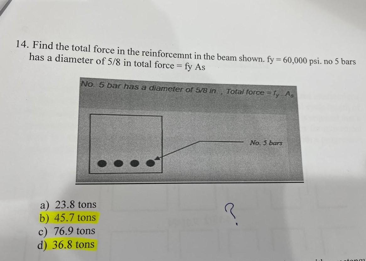 Solved 14. Find the total force in the reinforcemnt in the | Chegg.com