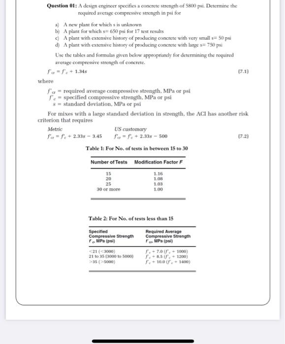 Solved Question 01: A design engineer specifies a concrete | Chegg.com