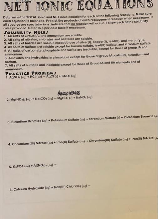 Solved Determine the TOTAL ionic and NET ionic equation for | Chegg.com