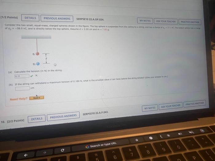 Solved of q2=−58.0nc, and is directly below the teo sphere, | Chegg.com