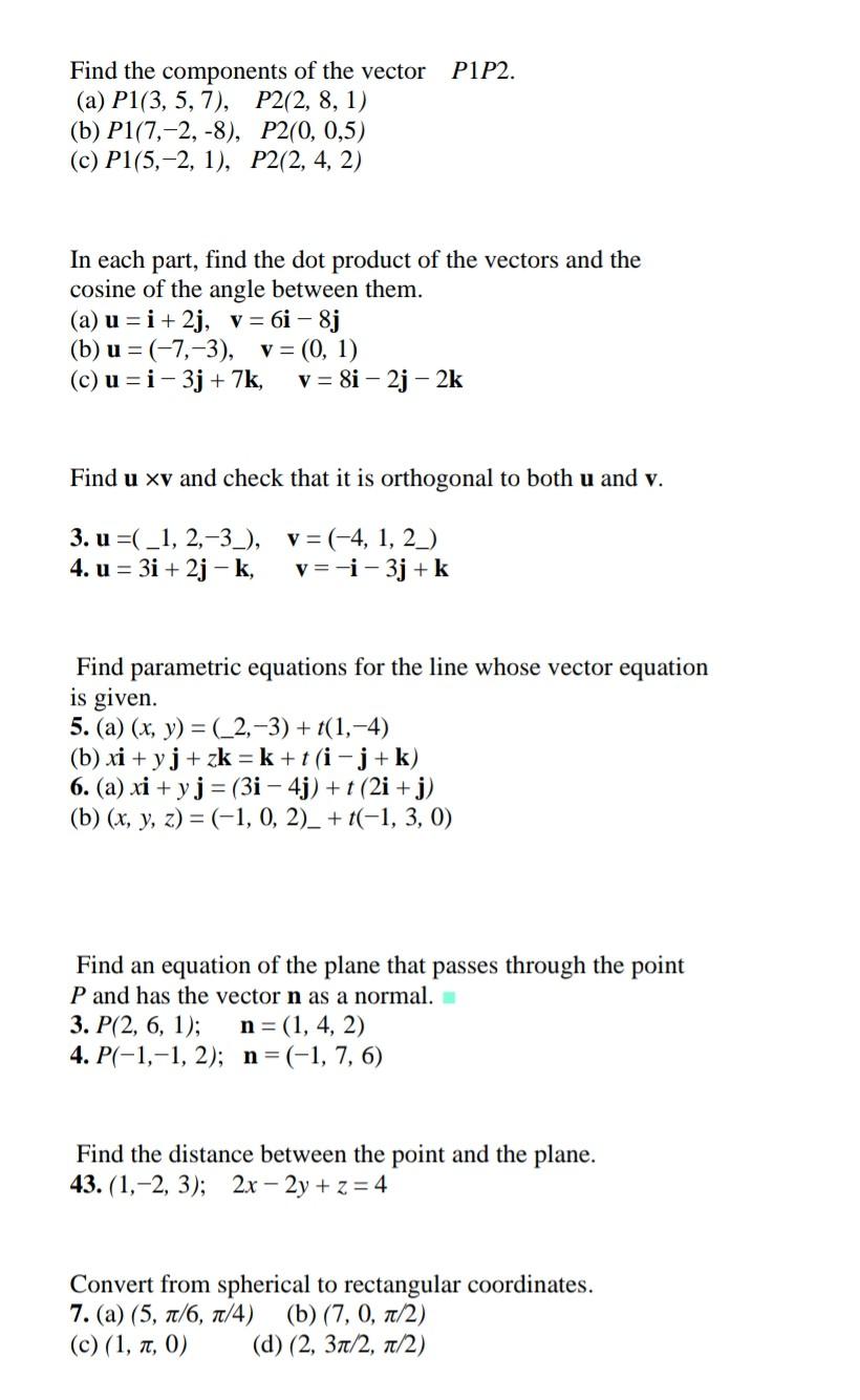 Solved P1P2. Find the components of the vector (a) P1(3, 5, | Chegg.com