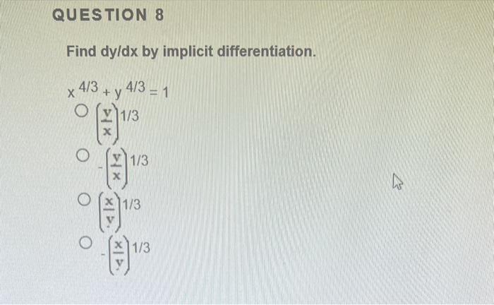 Solved Find dy/dx by implicit differentiation. | Chegg.com