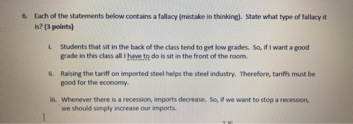 Solved 6. Each of the statements below contains a fallacy | Chegg.com