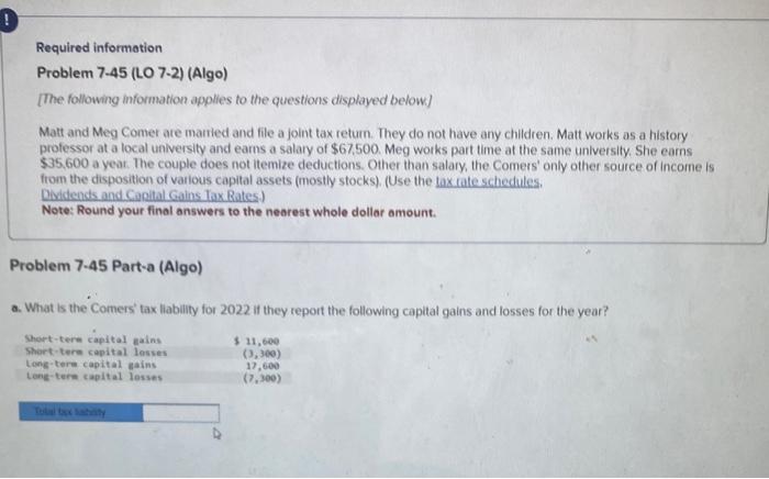 Solved Required informotion Problem 7-45 (LO 7-2) (Algo) | Chegg.com