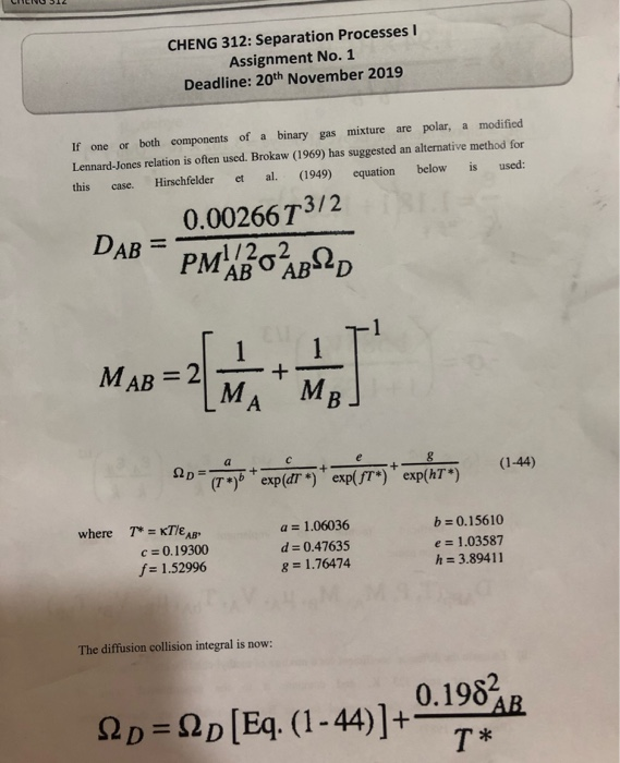 CHENG 312: Separation Processes Assignment No. 1 | Chegg.com