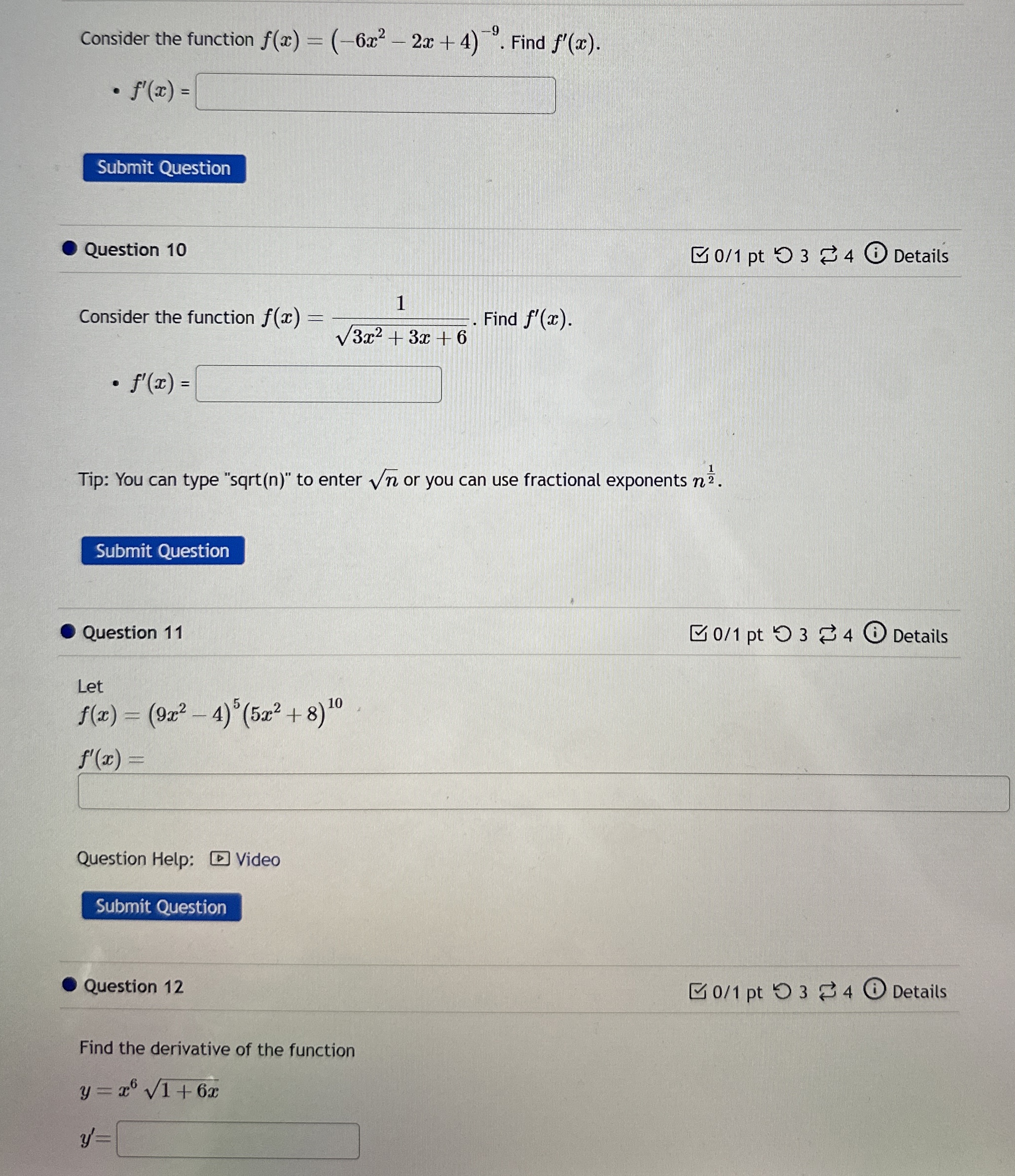Solved Consider the function f(x)=(-6x2-2x+4)-9. ﻿Find | Chegg.com