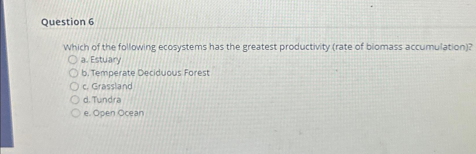 Solved Question 6Which of the following ecosystems has the | Chegg.com