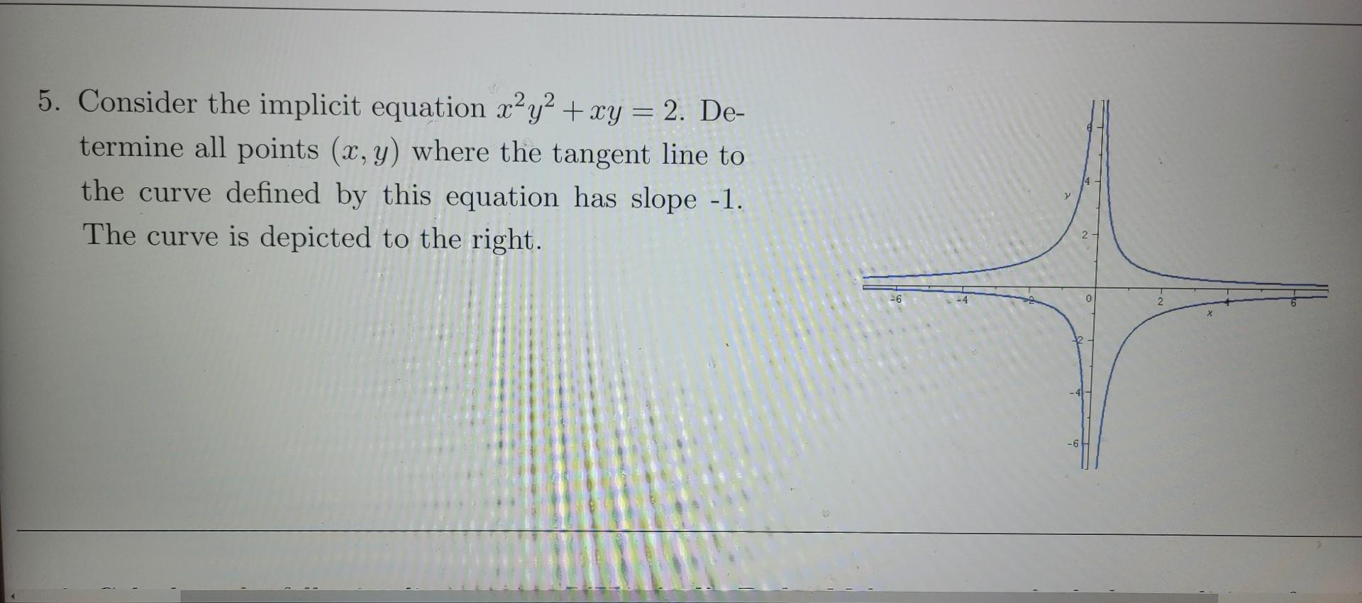 Solved 5. Consider the implicit equation x2y2+xy=2. | Chegg.com