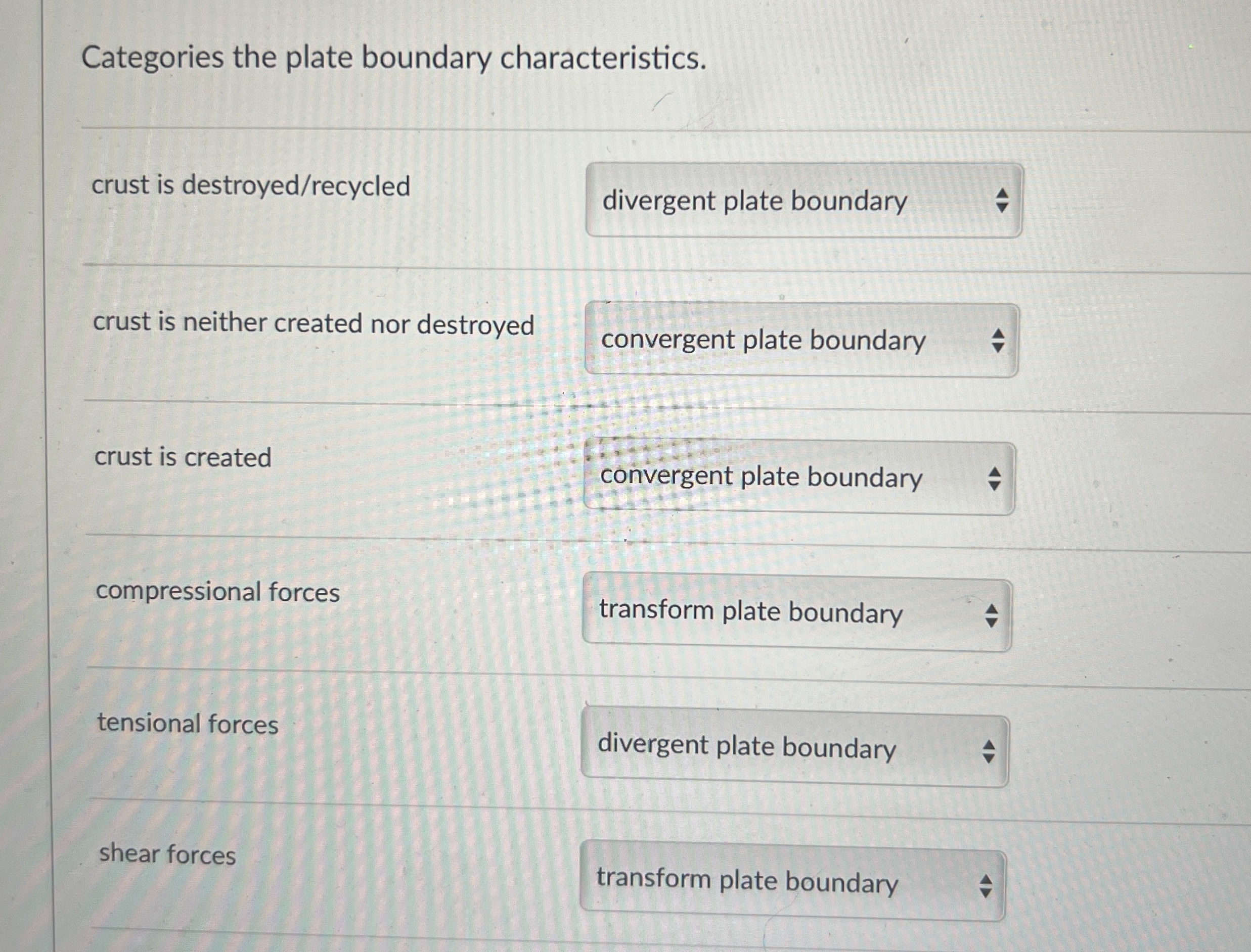 Solved Categories the plate boundary characteristics.crust | Chegg.com