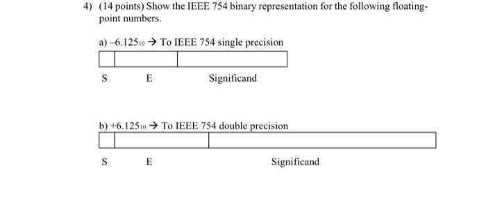 Solved 4) (14 points) Show the IEEE 754 binary | Chegg.com Solved 4) (14 points) Show the IEEE 754 binary | Chegg.com