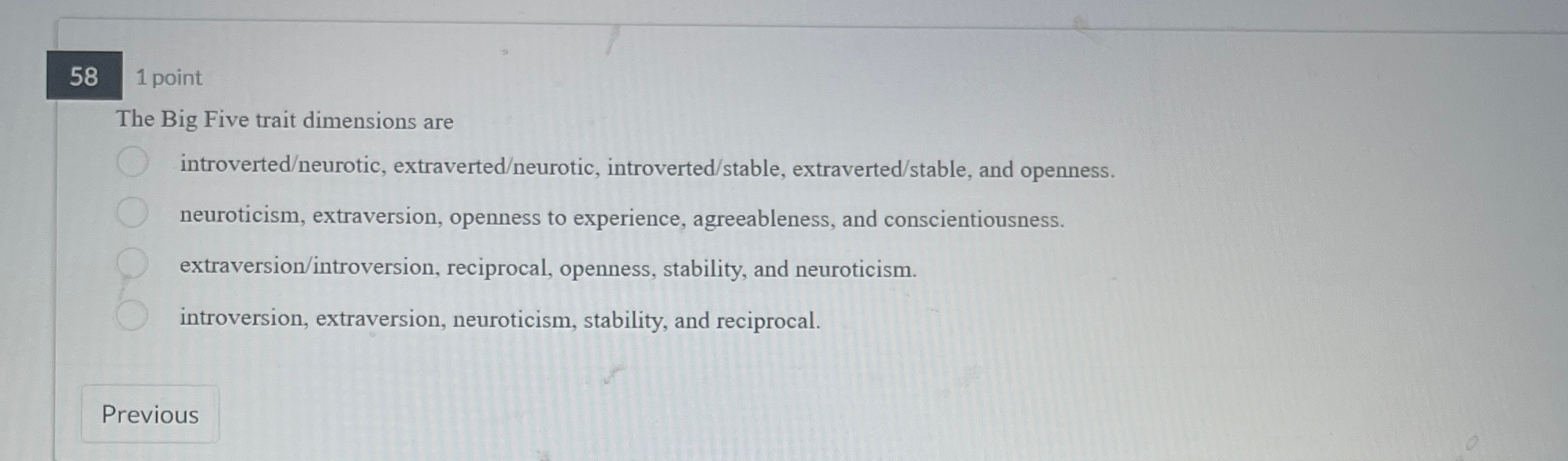 Solved 581 ﻿pointThe Big Five trait dimensions | Chegg.com