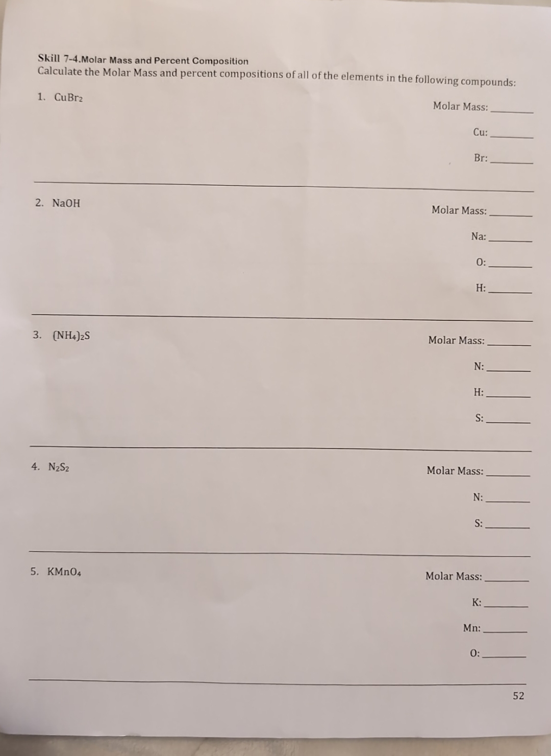 Solved Skill 7-4.Molar Mass and Percent CompositionCalculate | Chegg.com